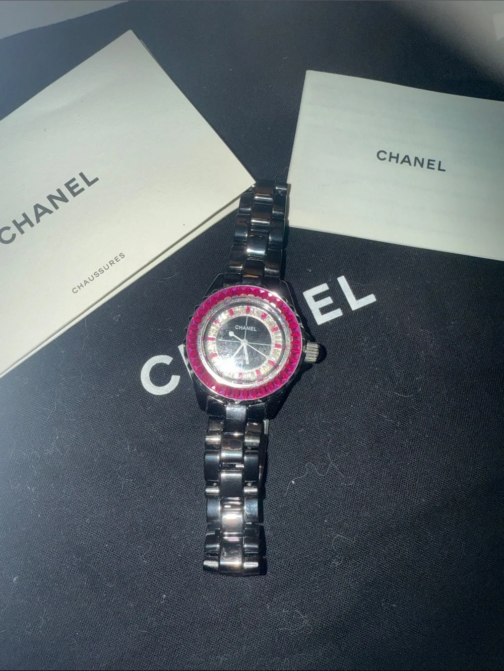 CHANEL | Accessories | Chanel Black Dial Watch With Pink Gemstone Bezel ...